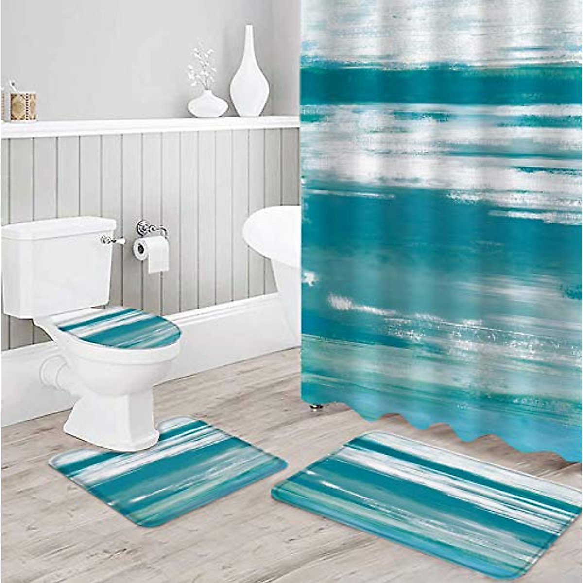 BestLives 4 Pcs Shower Curtain Sets with Rugs Abstract Turquoise Cyan Non-Slip Soft Toilet Lid Cover for Bathroom Ombre Turquoise Art Texture Bathroom Sets with Bath Mat and 12 Hooks