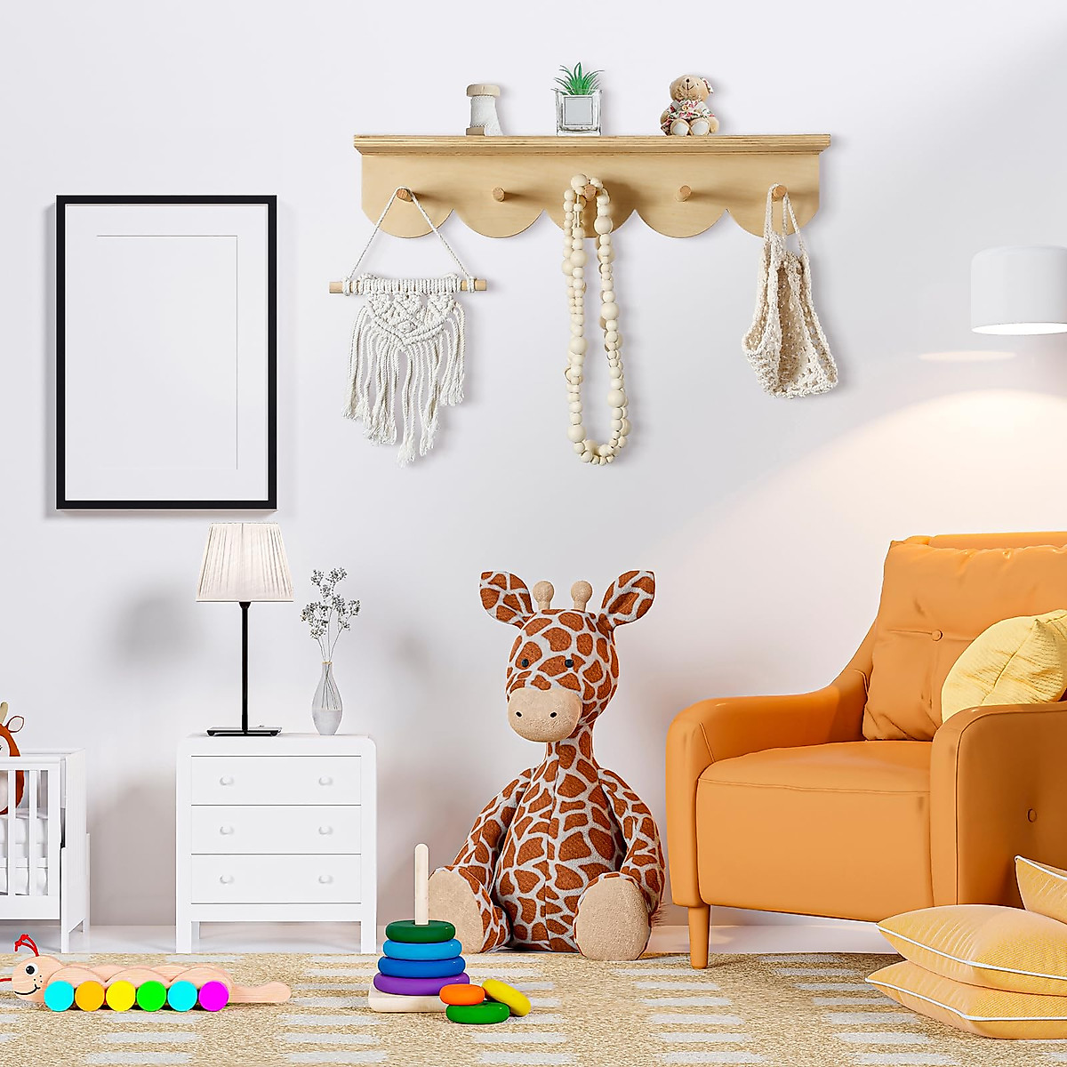 Pinkunn Nursery Floating Shelves with Hooks for Wall Book Shelves Wood Wall Mounted Organizer Hanging Bookshelves Nursery Decor Scalloped Shelves for Kids Room, Bedroom and Kitchen