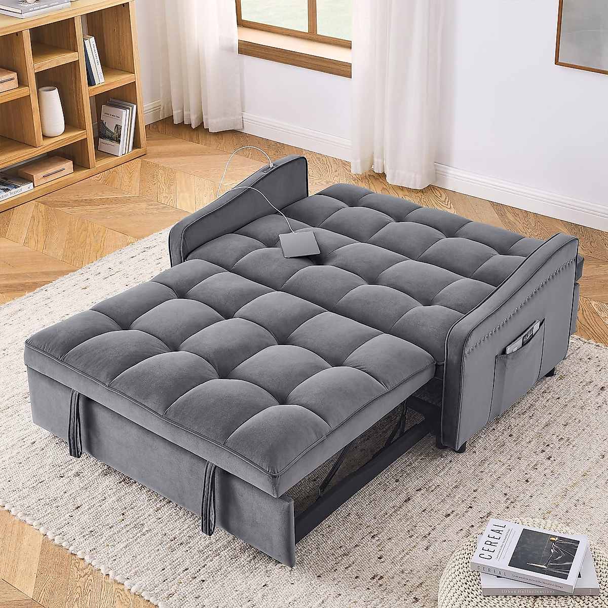 JEEOHEY 3 in 1 Convertible Sleeper Sofa Bed,52" Modern Velvet Pull Out Couch Bed with USB&Type-C Charging Ports,Futon Tufted Love Seat with Adjustable Backrest for Living Room,Office,Bedroom(Grey)