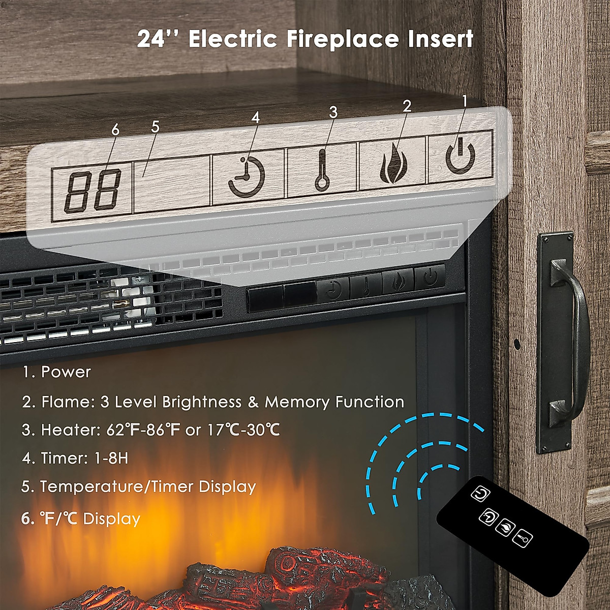 Unineo Farmhouse Fireplace TV Stand up to 65 Inch, Modern Entertainment Center Media Console with 24’’ Fireplace, Sliding Barn Door with Storage Cabinets, Adjustable Flame Effects, Remote Control, Oak