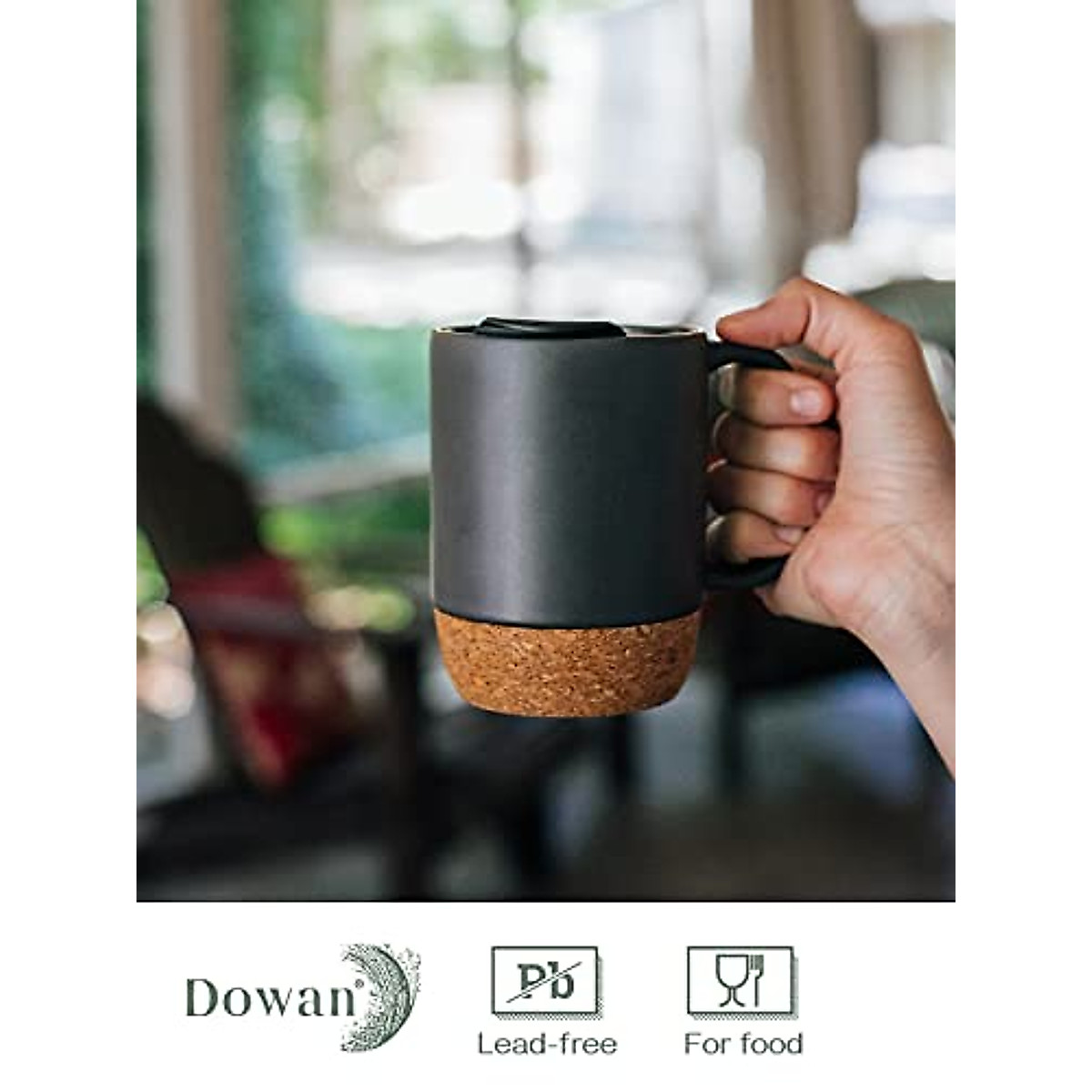 DOWAN Coffee Mugs, 15 oz Mug Set of 2, Large Ceramic Coffee Mug with Cork Bottom and Spill Proof Lid for Men, Women, Big Mug for Coffee Latte, Tea, Gifts for Graduation, Matte Grey