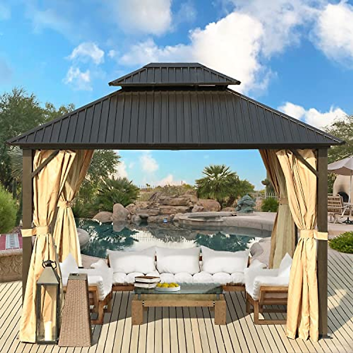 Aoodor 10' x 12' Gazebo Hardtop Roof, Aluminum Frame with Mosquito Netting and Curtain for Garden Patio, Black