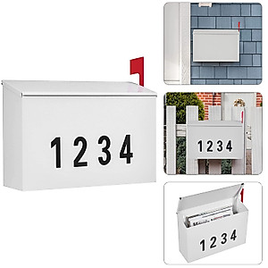 LAND·VOI Wall-Mount Mailbox with One Flag Kit and Three Sets of 0-9 Mailbox Number Stickers, Galvanized Steel Rust-Proof Metal Post Box, Mailboxes for Outside, 4.33" Dx14.2 Wx10.43 H, White AMB03W