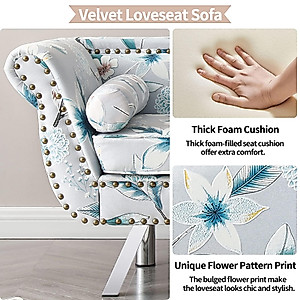 TMEOSK 61”Velvet Loveseat Accent Couch Sofa with 2 Pillows, Modern Upholstered Sleeper Sofa with Removable Cushion and Nailhead Trimming for Living Room Bedroom Apartment (Flower)