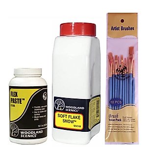 Woodland Scenics Flex Paste (C1205), Soft Flake Snow (SN140), and Make Your Day Paintbrushes
