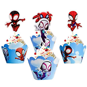 12pc Spidey and His Amazing Friends Cupcake Topper And Cupcake Wrapper , Birthday Party Cake Decorate Kids' Party Cake Decorate Supplies