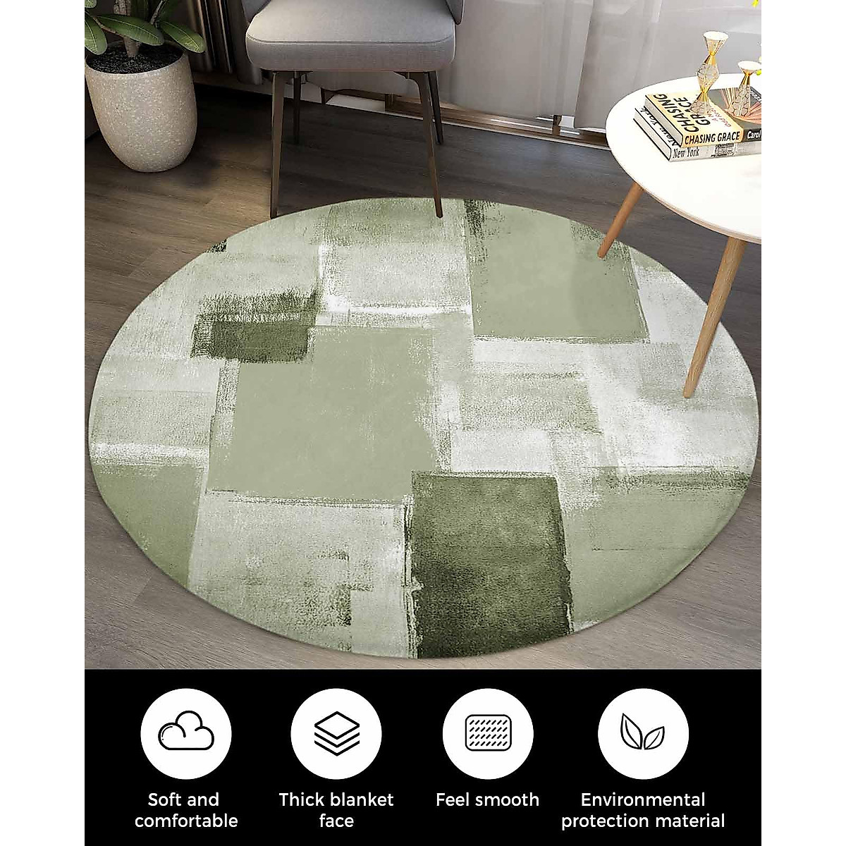Sage Green Geometric Fluffy Round Area Rug Carpets 3ft, Plush Shaggy Carpet Soft Circular Rugs, Non-Slip Fuzzy Accent Floor Mat for Living Room Bedroom Nursery Decor Modern Abstract Smear Street Art