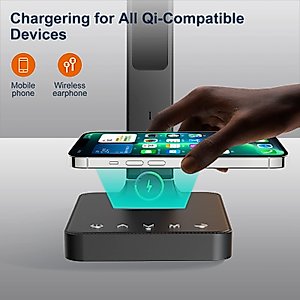poukaran Desk Lamp, LED Desk Lamp with Wireless Charger, USB Charging Port, Table Lamp with Night Light, Desk Lights with Clock, Alarm, Date and Temperature, Black