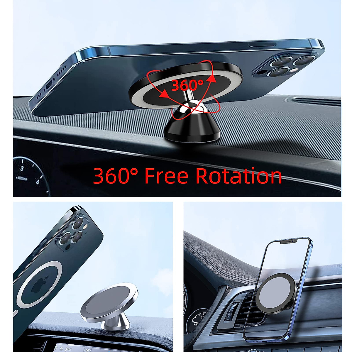 Magnetic Phone Holder for Car, [ 2 Groups Super Strong Magnet ] [ 360° Rotation ] Universal Dashboard Car Mount Holder Compatible with All Smartphones (Silver)