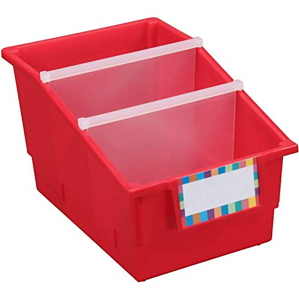 Really Good Stuff Large Plastic Labeled Book & Organizer Bin, Classroom Organizing Baskets, Divided Containers for Books & Supplies, Label Holders, Organize School & Home, Primary Colors 4 pk
