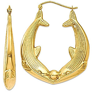 14K Yellow Gold Sea Dolphin Ocean Fish Beach Nautical Hoop Earrings