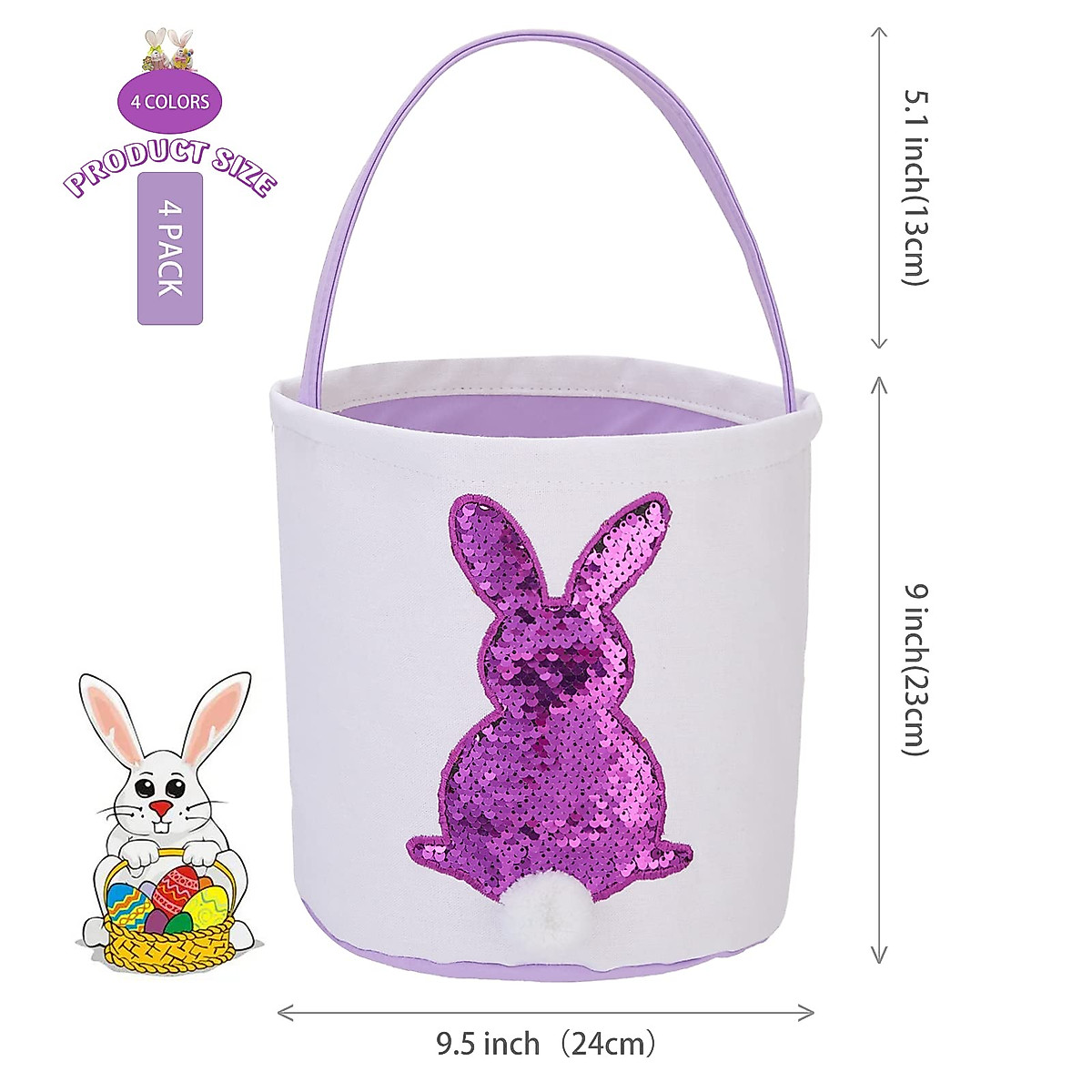 4 Pack Easter Bunny Basket Bags for Kids, Sequins Rabbit Canvas Eggs Hunt Baskets with Fluffy Tails, Tote Bag Candies Gifts Bucket for Easter Party - Blue, Purple, Pink and Green
