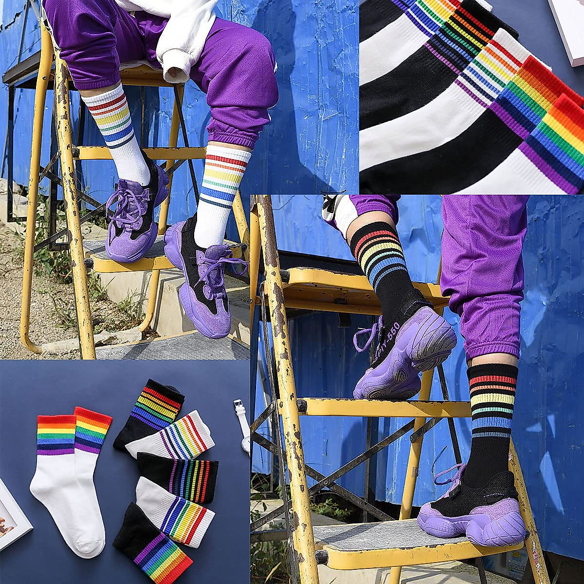 Ronglry 6Pairs Rainbow Striped Socks for Women Men Pride Crew Socks Colorful Novelty Cotton Socks Rainbow Pride Socks High Rainbow Funny Socks for Pride Sport Athletic Socks Rainbow Tube Socks Gifts-A