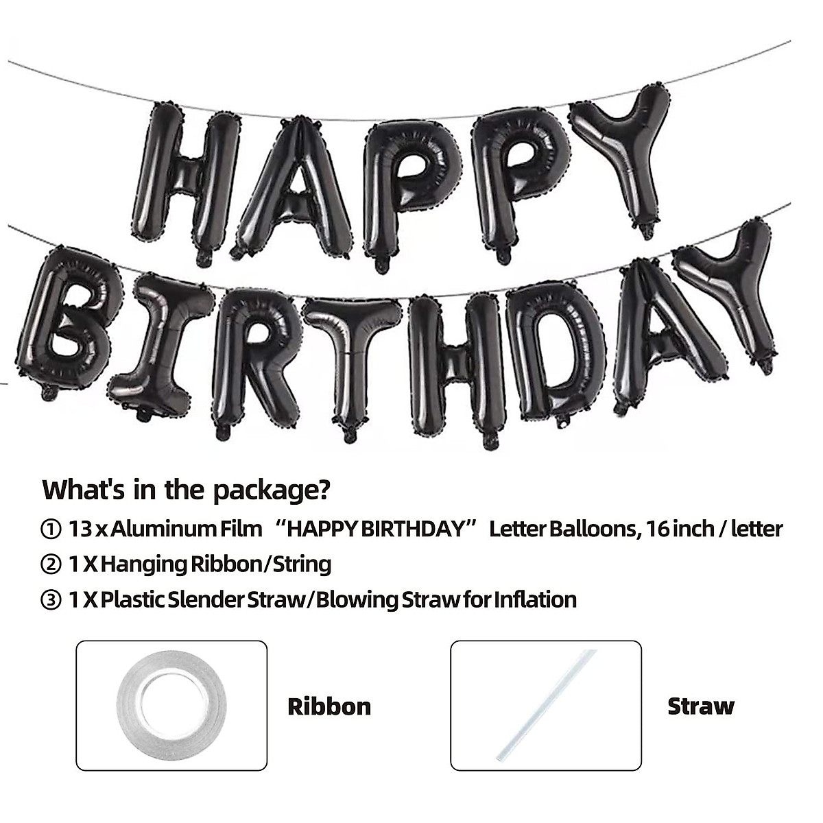 Happy Birthday Balloon Banner Party 16 Inch 3D Aluminum Foil Inflatable Letter kit set Banner Balloons Birthday Party Decorations Supplies Party (Black)
