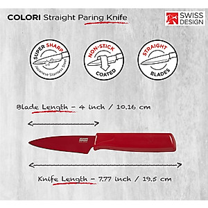KUHN RIKON COLORI Non-Stick Straight Paring Knife with Safety Sheath, 4 inch/10.16 cm Blade, Red