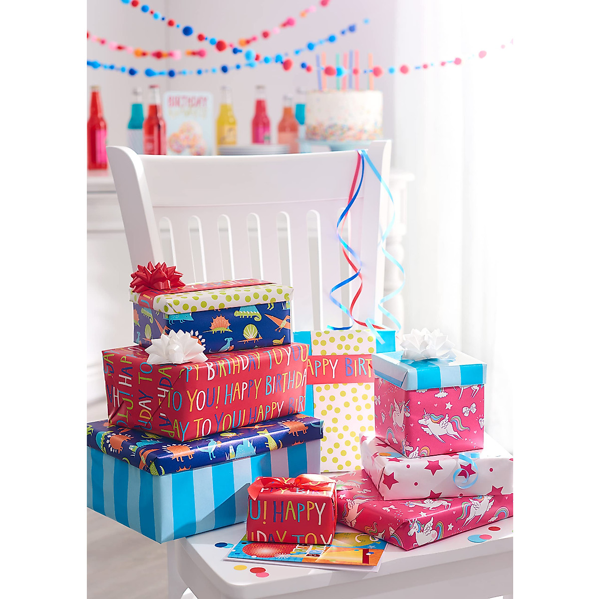 American Greetings Reversible Birthday Wrapping Paper for Kids, Dinosaurs and Unicorns (3 Rolls, 120 sq. ft)