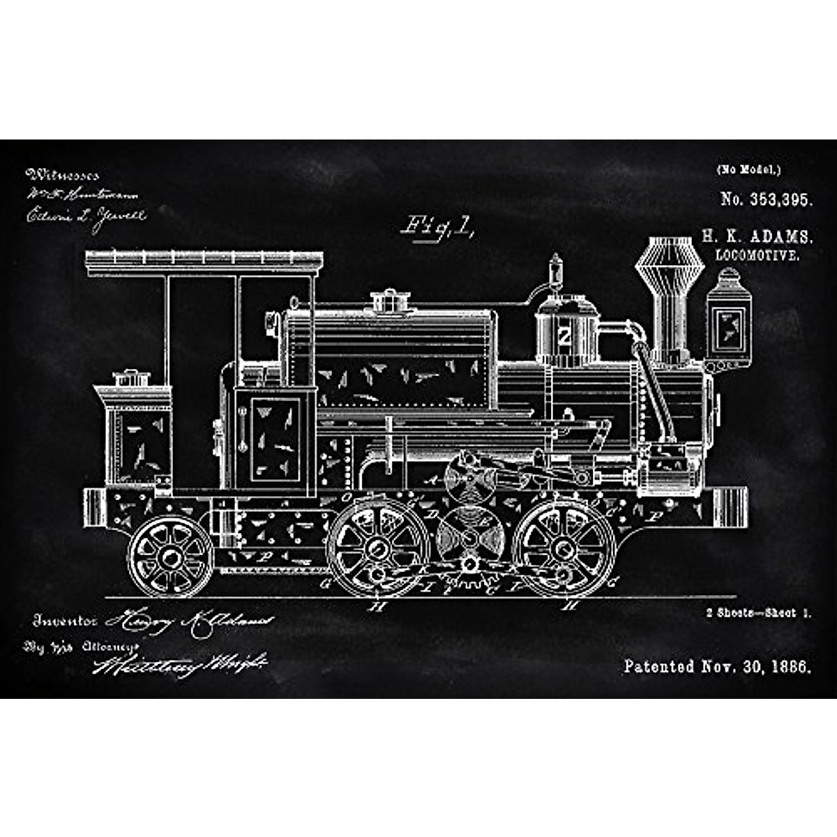 Lantern Press Blackboard Patent, Locomotive, (24x36 Wrapped Canvas, Wall Decor, Artwork)