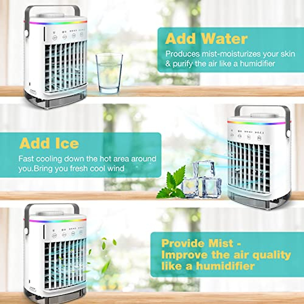Portable Air Conditioner Fan 4 in1- Desktop Cooling fan with 4 Wind Speed & 2 Spray Modes, 7 Colors LED Light & 2-8H Timer, 700ml Large Watertank High-Efficiency Cooling Fan for Room Office Bedroom Couch Dining Table, Portable USB Power Bank Notebook Powe