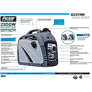 Pulsar G2319N 2,300W Portable Gas-Powered Inverter Generator with USB Outlet & Parallel Capability, CARB Compliant, Gray