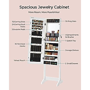 SONGMICS Mirror Jewelry Cabinet Standing Armoire Organizer, Jewelry Storage with Full-Length Frameless LED Lights, Built-in Makeup Mirror, 2 Drawers, Lockable, White UJJC023W01