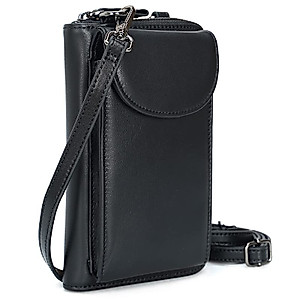 Niaiu Full Grain Leather Cell Phone Purse, Black Leather Small Crossbody Bags for Women, Lightweight Cute Purses for teen girls with RFID Blocking