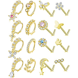 Tornito 16Pcs Dangle Hoop Nose Ring L Shape Nose Stud CZ Butterfly Flower Leaf Dangle Heart Moon Crown Nose Ring Nostril Piercing Jewelry for Women Gold Tone 20G
