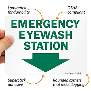 SmartSign (Pack of 4) 5 x7 inch “Emergency Eyewash Station” Sticker Labels with Down Arrow, 5 mil Laminated Polyester with SuperStick Adhesive, Green and White