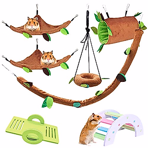 LZYMSZ 7PCS Hamster Hanging Warm Bed, Rat Hanging Bed House Forest Pattern Cage Toy Small Animals Cage Nest Accessories, Hamster Hammock Tunnel Swing Set for Parrot Ferret Squirrel Hamster Playing