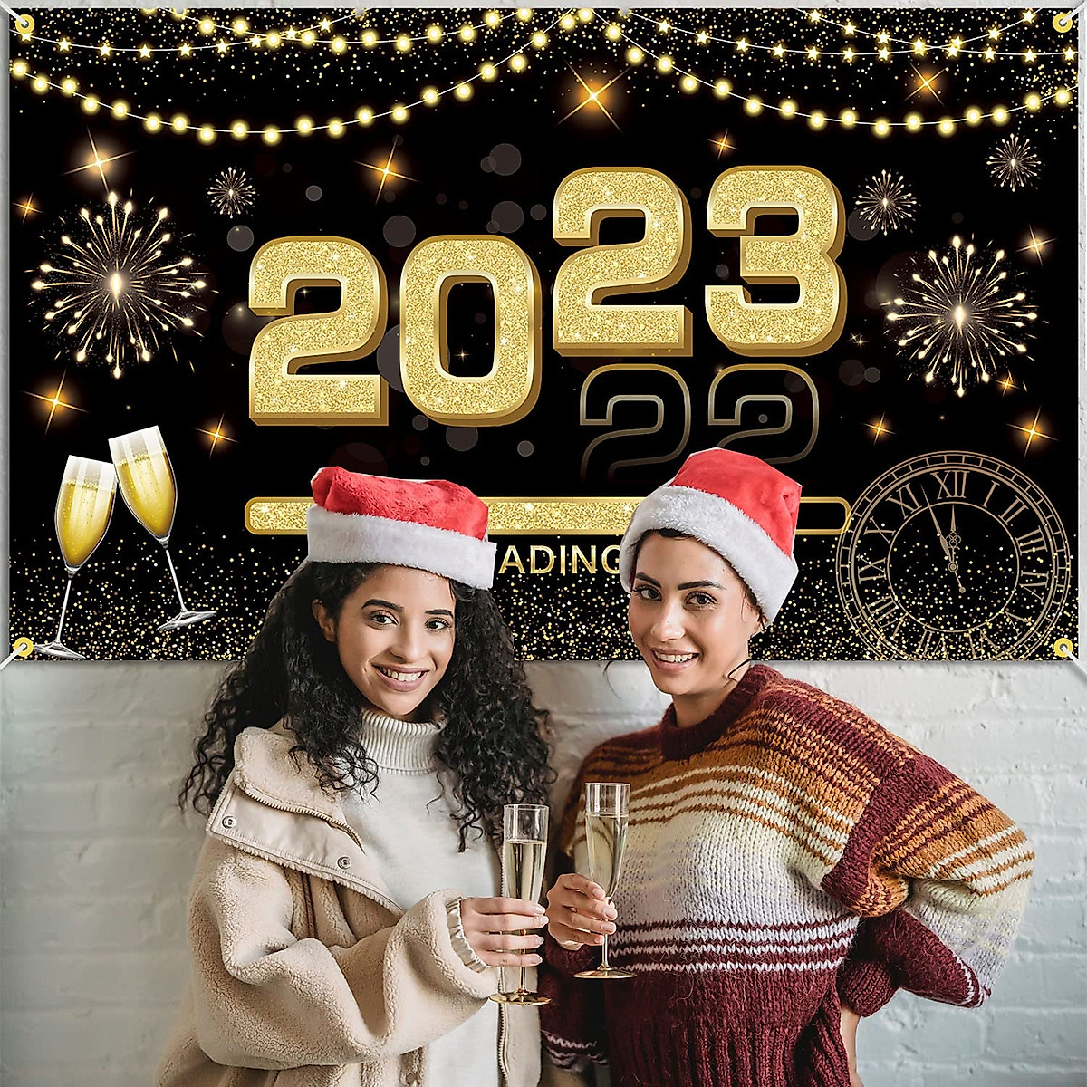 JKQ 2023 Happy New Year Backdrop Banner 71 x 43 Inch Large Size New Year Background Banner 2023 Loading New Year Holiday Party Decorations Black Gold 2023 New Years Eve Party Photo Booth Props
