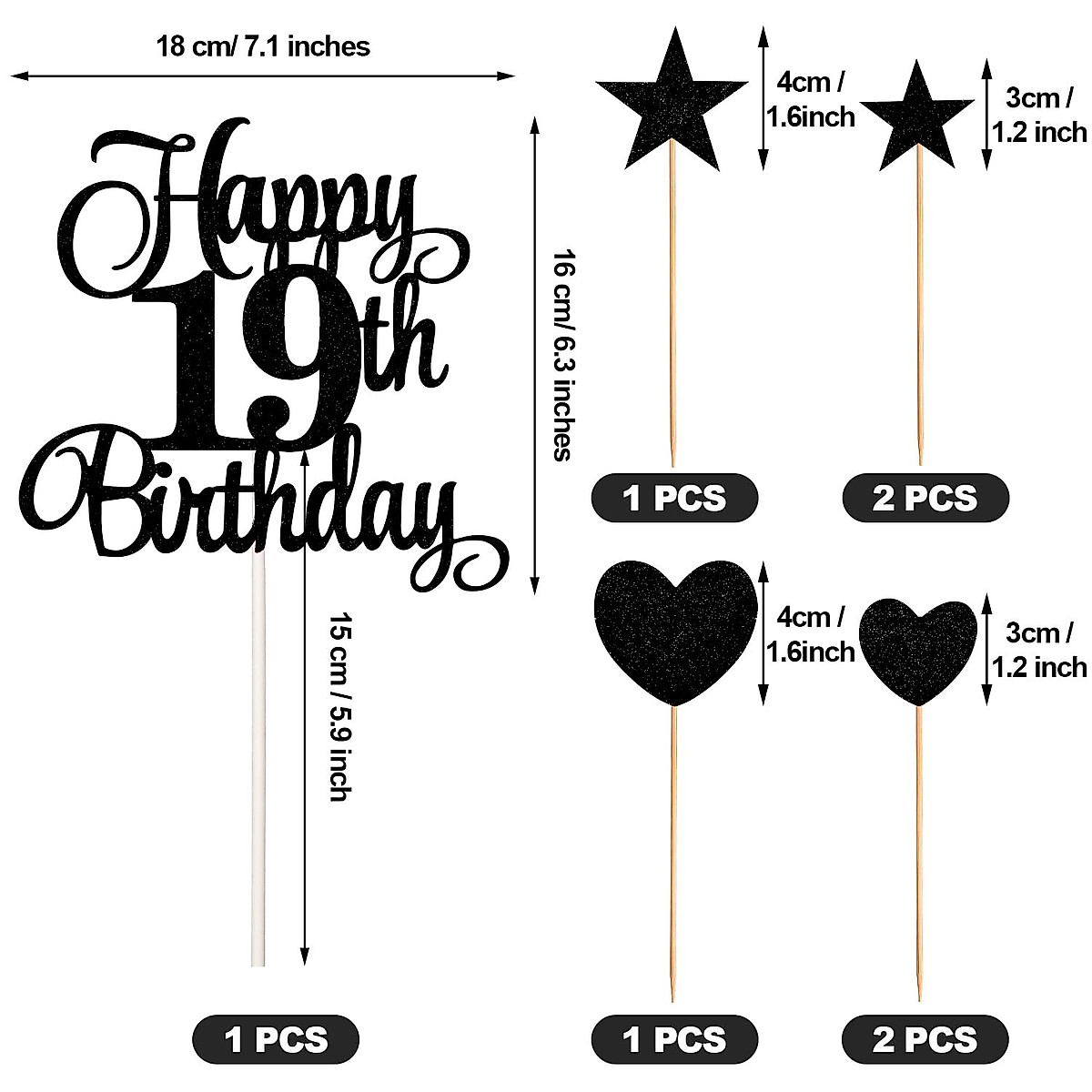 19th Birthday Cake Decorations Set Include 19th Birthday Candles Numeral 19 Cake Candles and Happy 19th Birthday Cake Toppers with Heart Star Cupcake Picks for Birthday Party (Black Series)