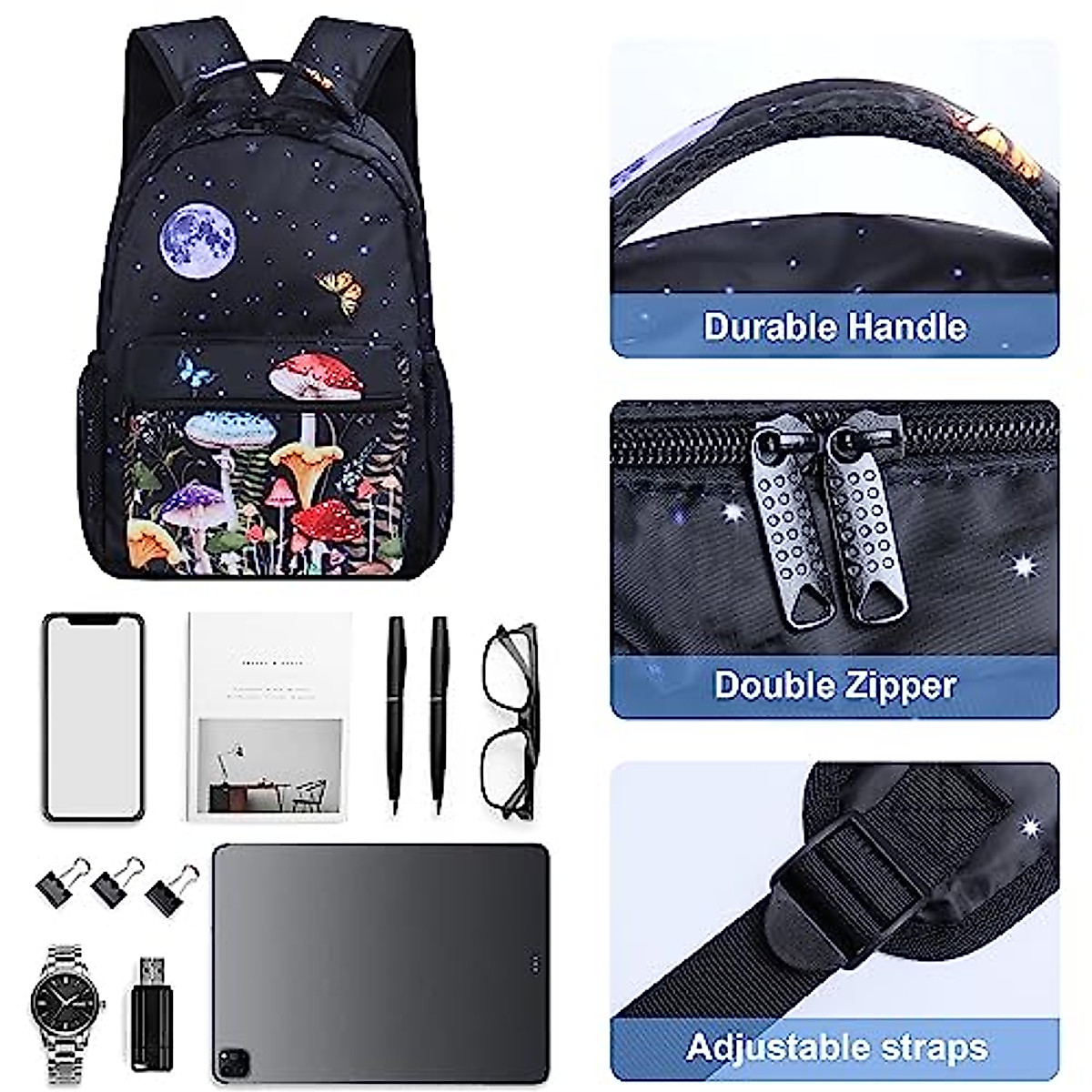 Lopevctor Mushroom Backpack Set for Girls Women, Mushroom Backpack with Lunch Bag and Keychain, Mushroom Gifts Daypack Bookbag for School