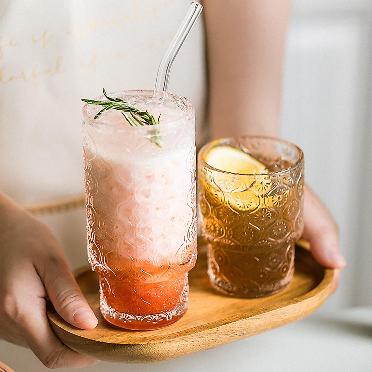 Glass Cups Vintage Glassware | Set of 4 Small, Embossed Stackable Pattern Style Transparent Cocktail Glasses Set, Ice Coffee Cup Juice Drinkware, Clear, 190ml (S)
