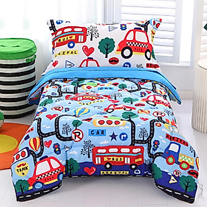 Wowelife Car Toddler Bedding Sets for Boys Blue, Premium 4 Piece Car Toddler Bed Sets for Boys and Girls, Super Soft and Comfortable for Toddler(Transportation)