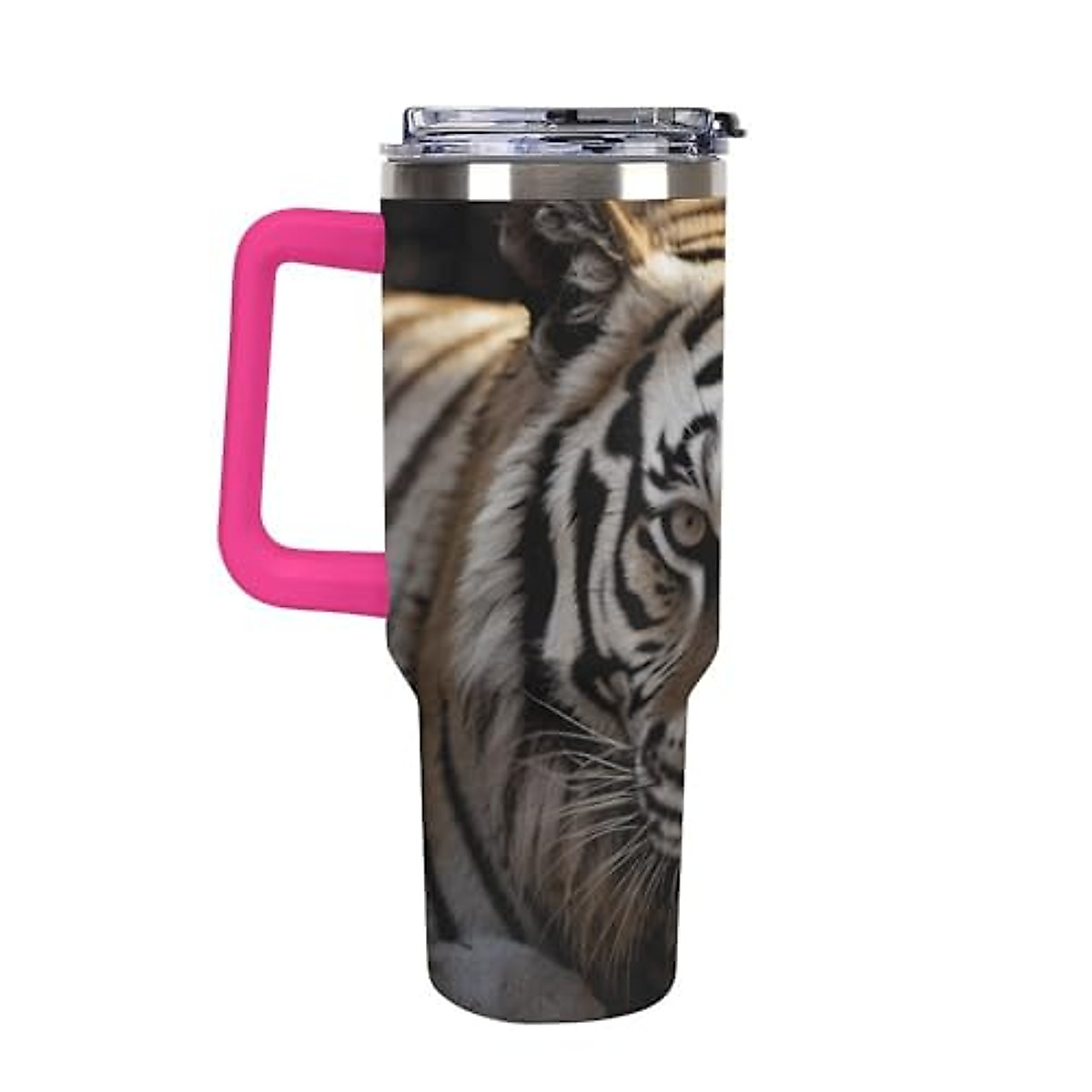 LLUTSNTH 40 Oz Vacuum Tumbler with Light Rose Red Handle Leakproof Insulated Tumbler Animal Tiger Stainless Steel Travel Mug with Lid And Straw Coffee Cup Cute Water Bottles Cup Holder Friendly