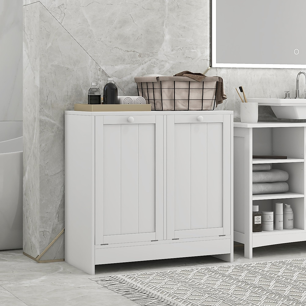 kleankin Tilt-Out 2-Compartment Laundry Hamper, Modern Clothing Storage Basket, Hamper Cabinet for Bathroom, Laundry Room, White