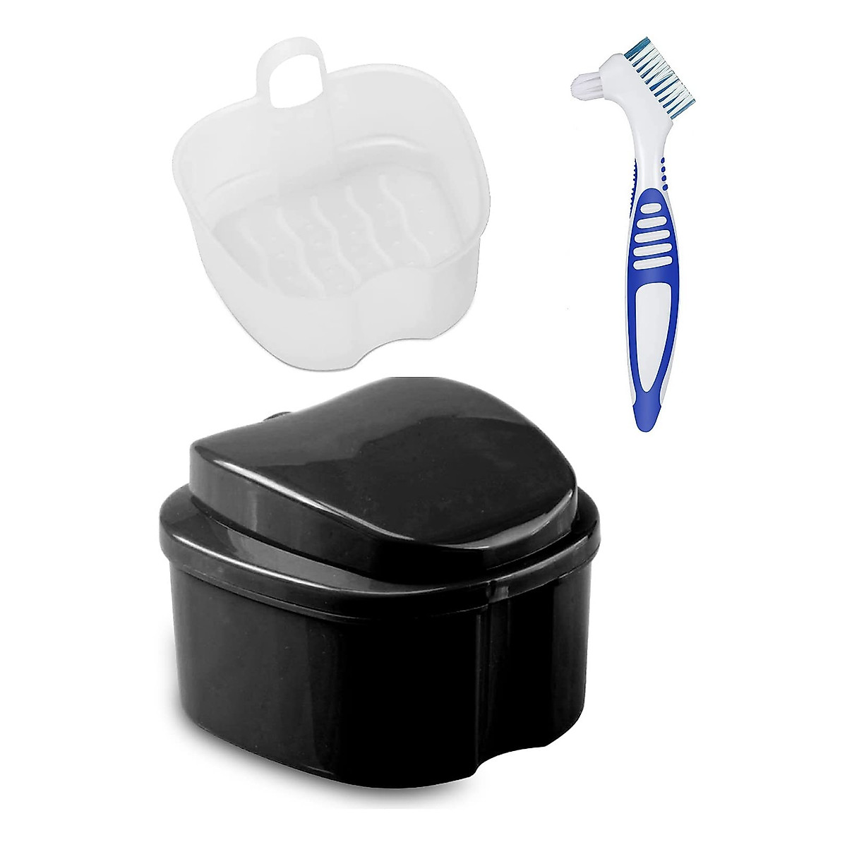 AmeriCan Goods Denture Bath Box with Denture Cleaner Brush Denture Bath Case with Rinsing Basket Tray Container (Black)