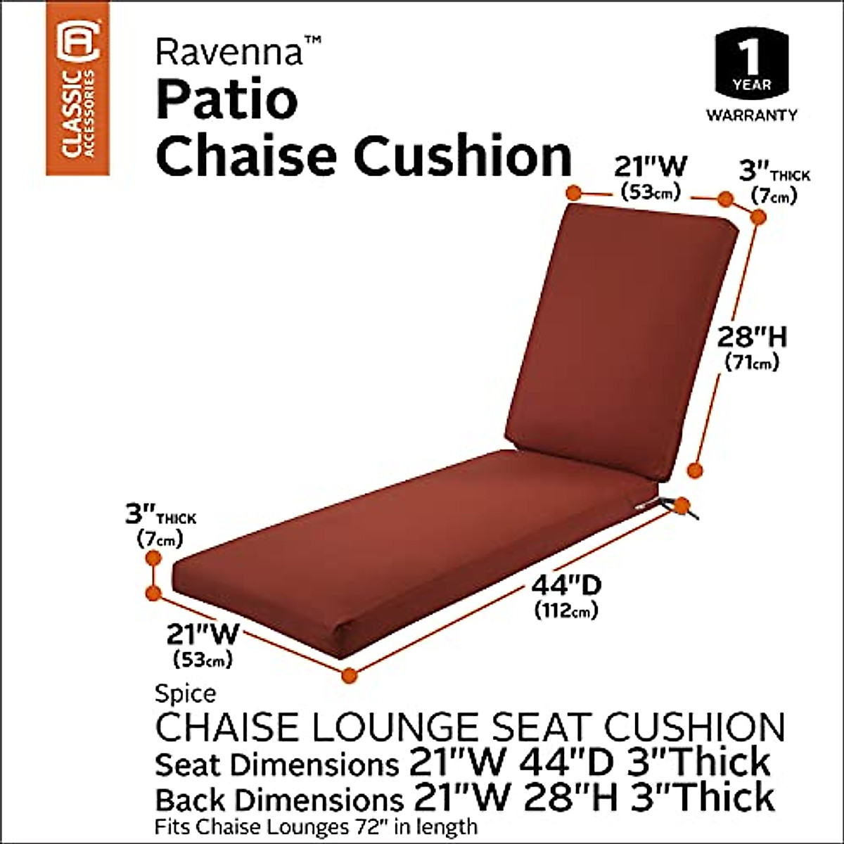Classic Accessories Ravenna Water-Resistant 72 x 21 x 3 Inch Patio Chaise Lounge Cushion, Spice, Patio Cushion
