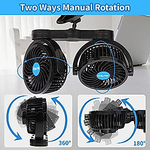 QIFUN 12V Adjustable Dual Head Clip Fan, 4 Inches Electric Car Clip Fans, 360° Rotatable Cooling Air Fan with Cigarette Lighter Plug for Vehicles, SUV, RV, Boat (Car Fan)