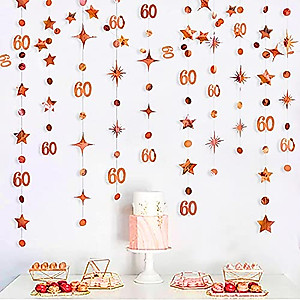 Rose Gold 60th Birthday Decorations Number 60 Circle Dot Twinkle Star Garland Metallic Hanging Streamer Bunting Banner Backdrop for 60 Year Old Happy Birthday 60th Anniversary Sixty Party Supplies
