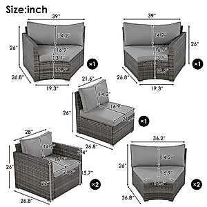 Bellemave 9-Piece Patio Sectional Set Half-Moon Sofa Set Gray Wicker Curved Outdoor Sofa with Gray Cushions & Nesting Coffee Table, All-Weather PE Wicker Semi-Circular Couch