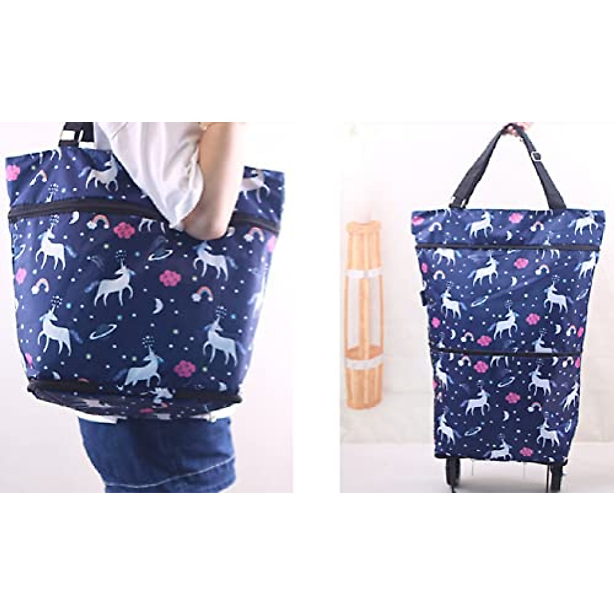 Upgrade Shopping Bag with Wheels Portable Trolley Bags Grocery Cart Hand Pulling Utility with Hand Straps Folding Shopping Cart- Larger Size & Waterproof & Strong(B0B8Y31PS5)