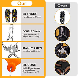 Crampons Ice Cleats Anti Slip Newest 28 Stainless Steel Spikes Suitable for All Boots Shoes Great Protect for Hiking Trekking Walking Jogging Climbing Mountaineering Fishing Men Women Kids(Orange, L)