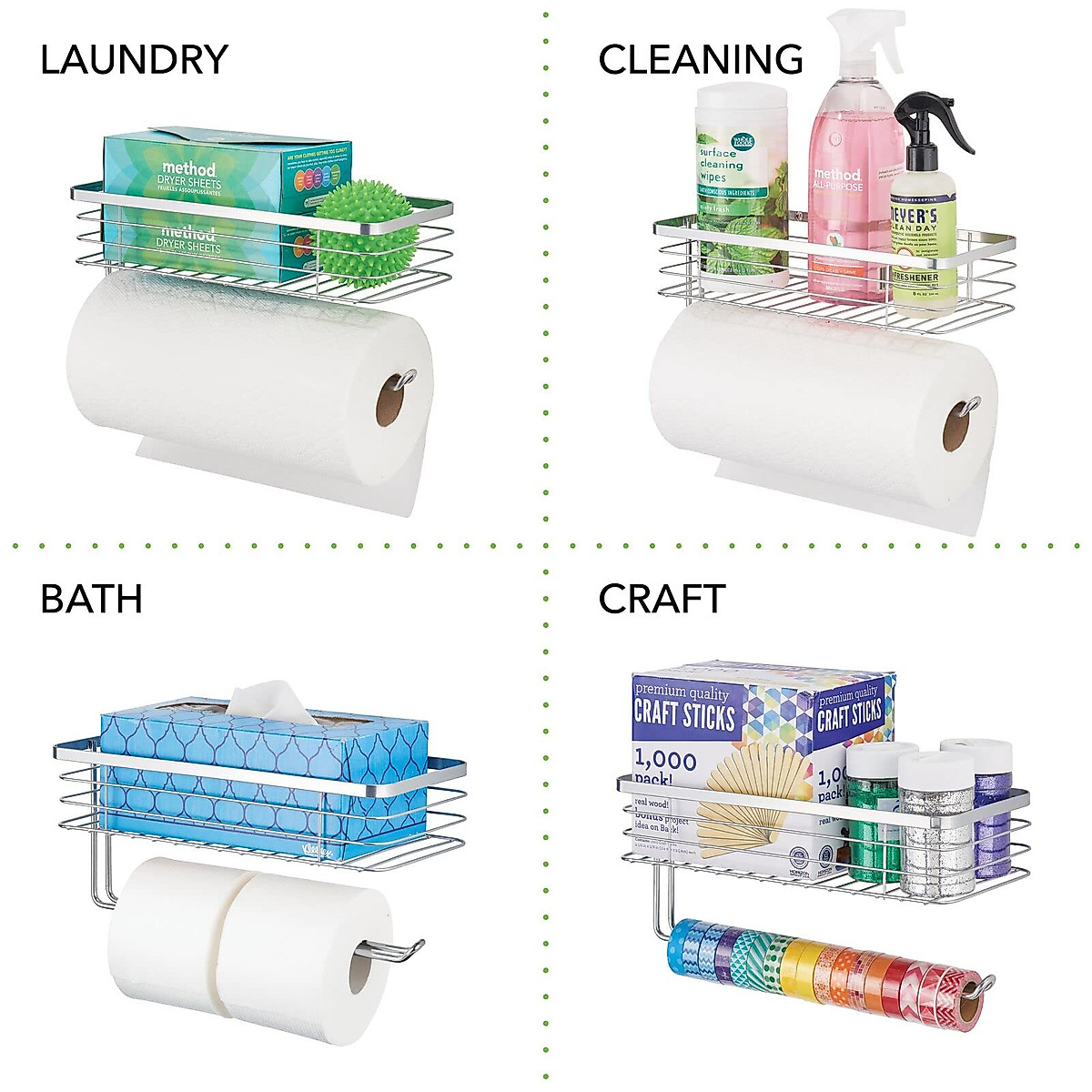 mDesign Steel Horizontal Wall Mount Paper Towel Holder with Basket Storage Organizer for Kitchen Countertop, Pantry, Cabinet, Cupboard - Holds Spices, Snacks, Drinks - Carson Collection - Chrome