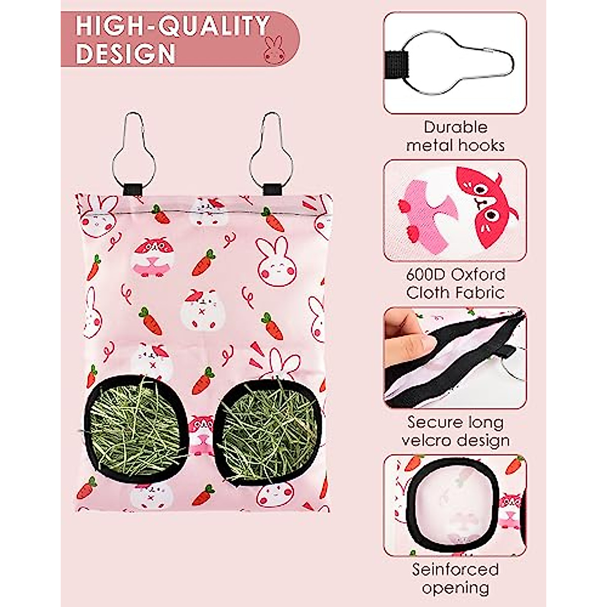 Bissap Rabbit Hay Feeder Bag, 2 Holes Hanging Hay Feeder Guinea Pig Hay Bag for Rabbits Bunny Chinchillas Hamsters Rats and Other Small Pets Small Animal - S (Pink)
