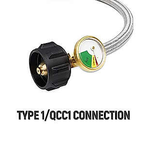 GASPRO 15-Inch RV Propane Hose with Gauge, Stainless Braided Camper Propane Hose for 5-40lb Propane Tanks and Two-Stage Propane Regulator, 1/4-Inch Male NPT x QCC-1, 2-Pack
