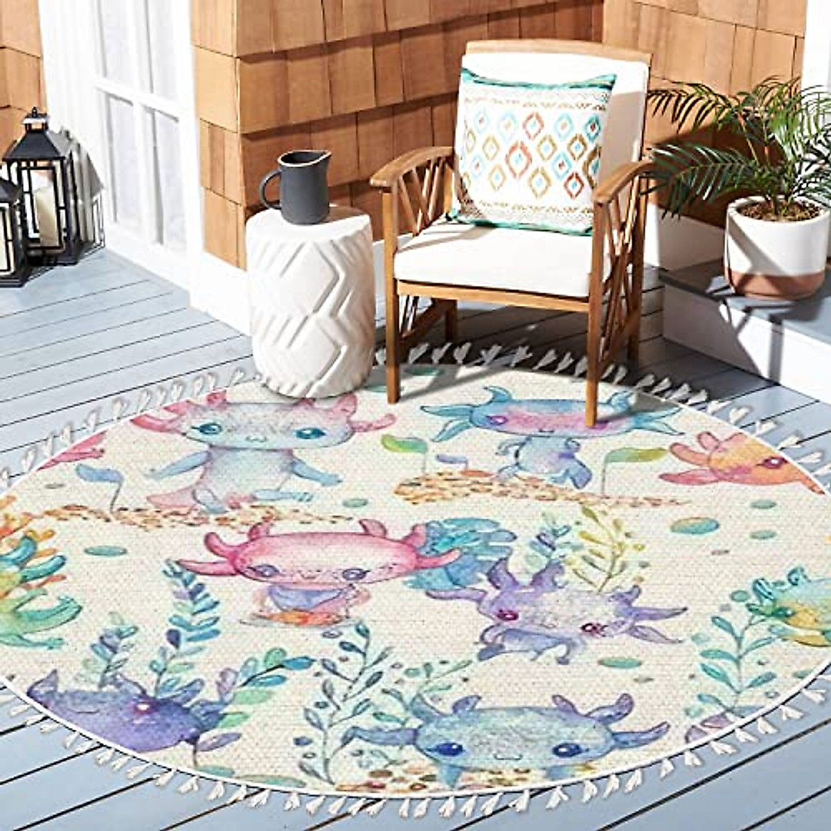 Round Rugs Watercolor Cute Axolotl Characters Boho Area Rug Linen and Cotton Carpet Meditation Rug Washable Hallway Runner Mat Accent Rug for Bedroom Nursery Kids Room 4ft