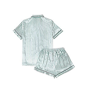 LYANER Women's Striped Silky Satin Pajamas Short Sleeve Top with Shorts Sleepwear PJ Set Light Green Small