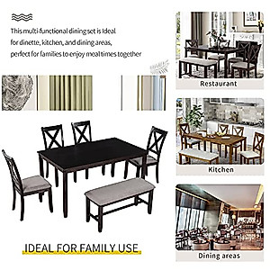 UBGO, 6 Piece Rustic Wooden Diningtable Dinette, Dining Room Furniture Set, Include Wood Table, Bench & 4 Chairs with Burlap Foam Cushion, for Home Living Space, (Espresso) B