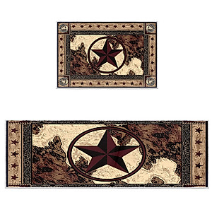 Western Kitchen Runner Rug Sets 2 Piece, Rustic Texas Star Absorbent Bathroom Rugs, Farmhouse Floor Mats Retro Brown Beige Non-Slip Door Mat for Bedroom/Hallway/Laundry, 15.7"Wx23.6"L+15.7"Wx47.2"L