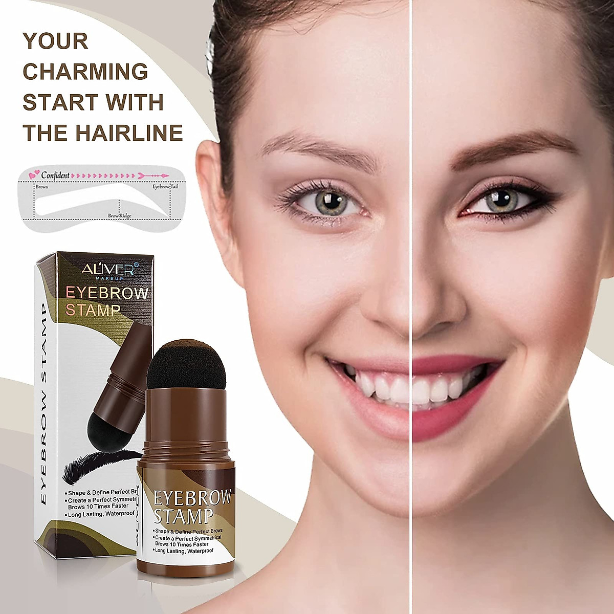 Eyebrow Definer Powder Stamp Makeup with 10 Reusable Stencils Long Lasting Waterproof for Perfect Brow (Dark Brown)